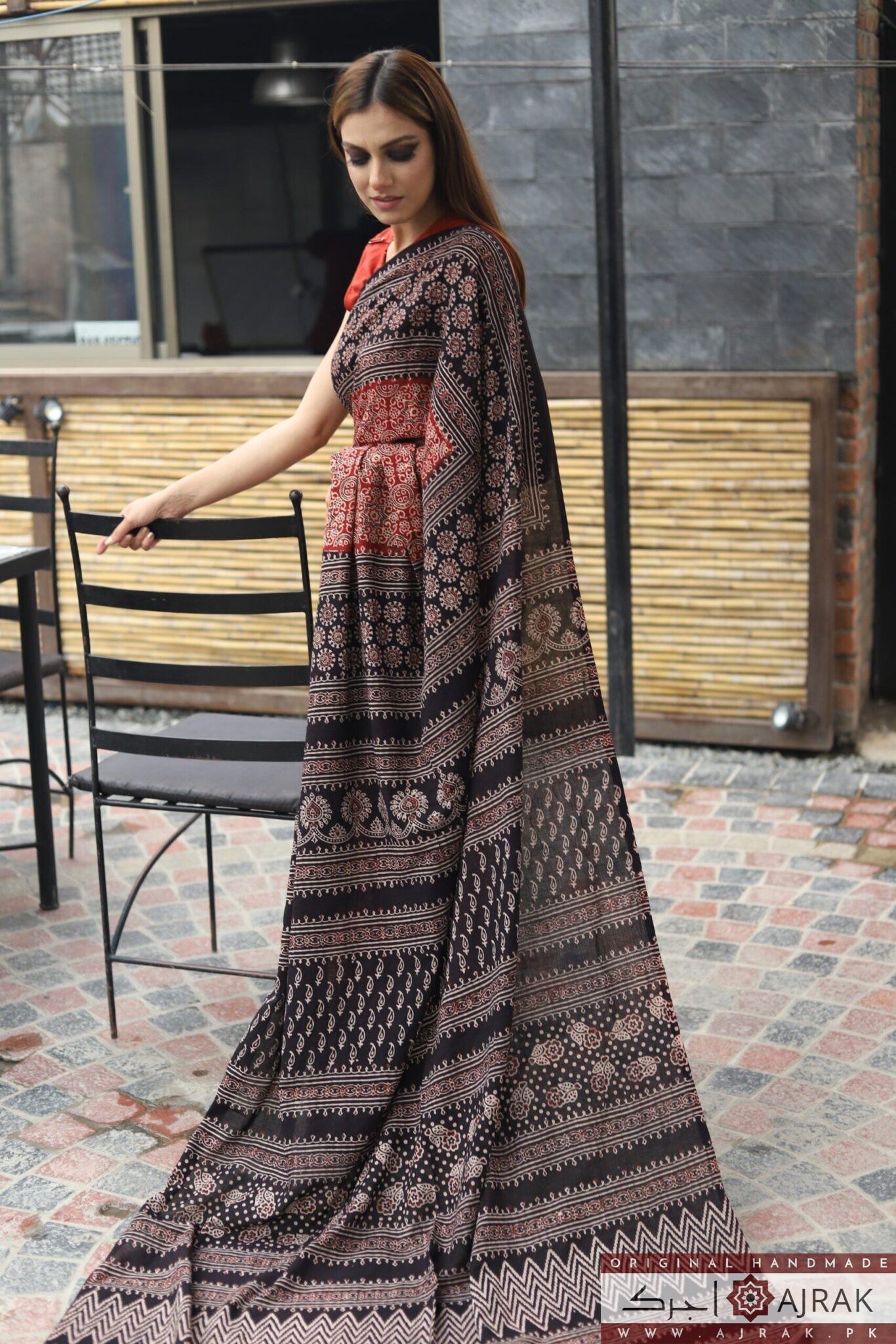 Black & Red Ajrak Blockprint Saree with Natural Dye