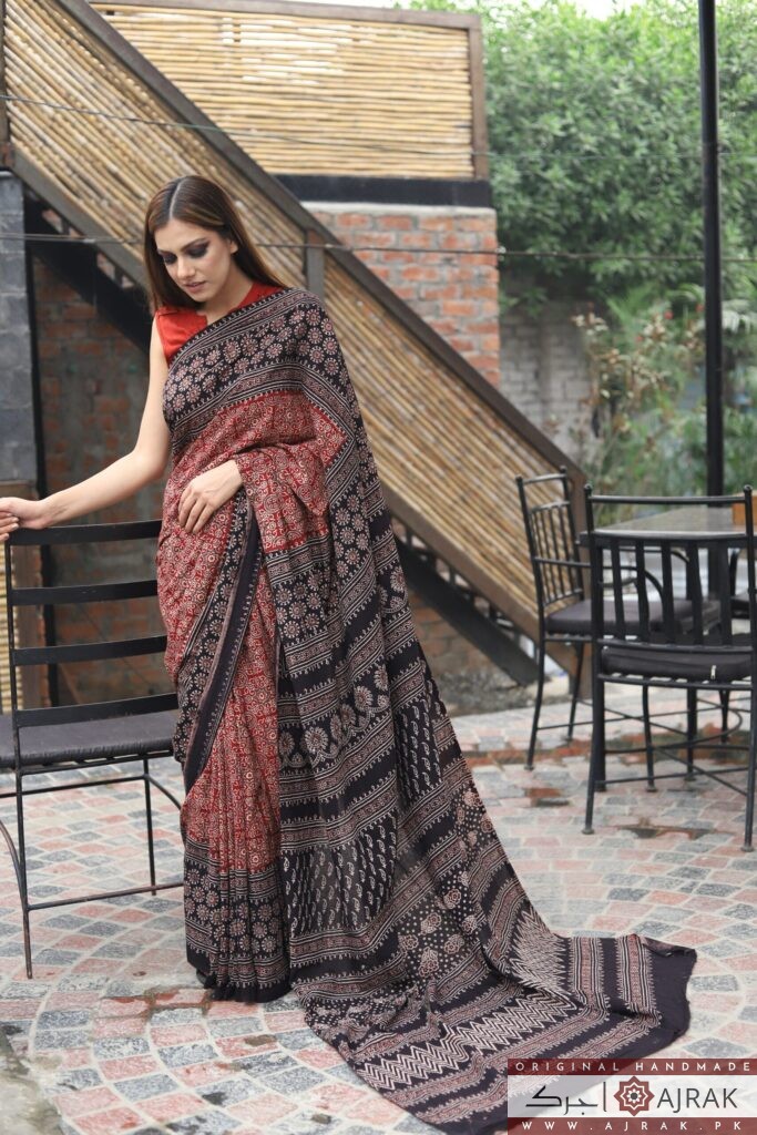 Black & Red Ajrak Blockprint Saree with Natural Dye