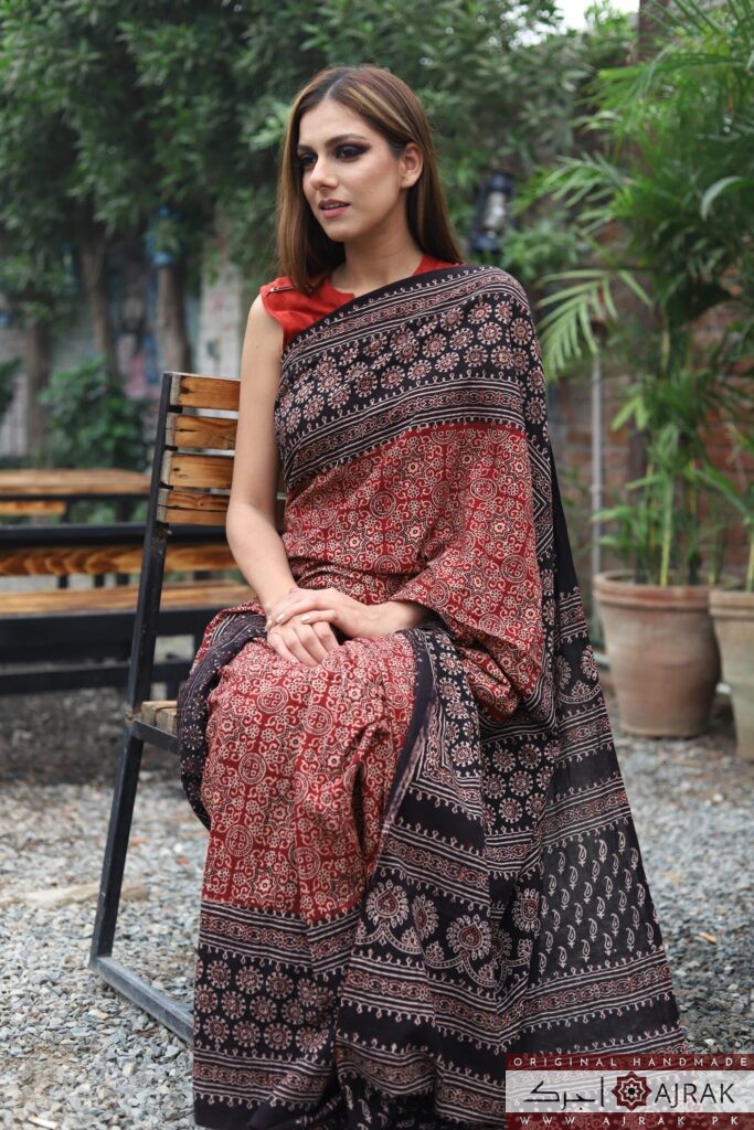 Black & Red Ajrak Blockprint Saree with Natural Dye