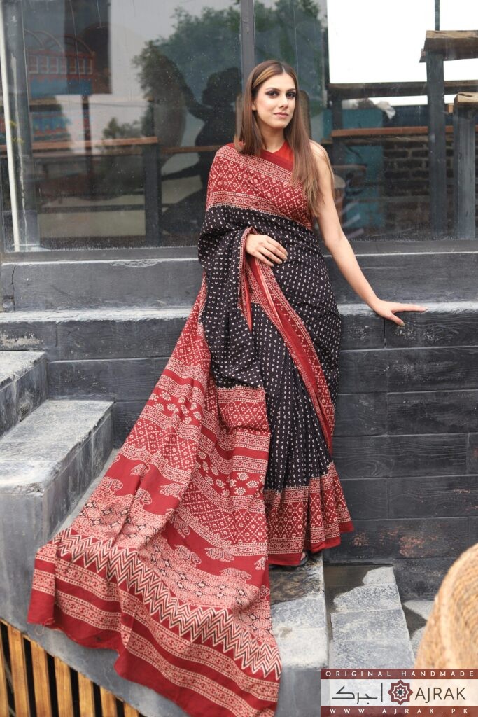 Black & Red Ajrak Saree with Authentic Natural Dye