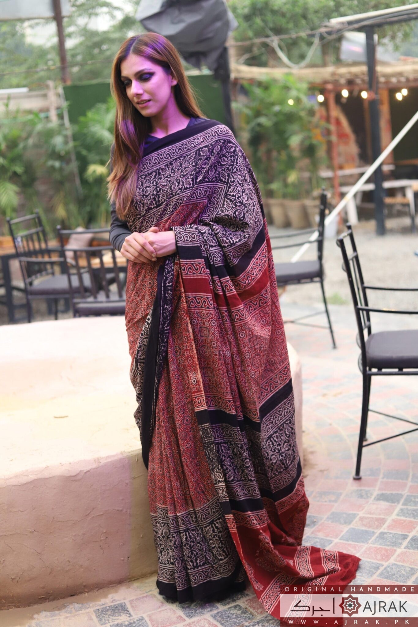 Red Ajrak Saree Hand-printed with Natural Dye
