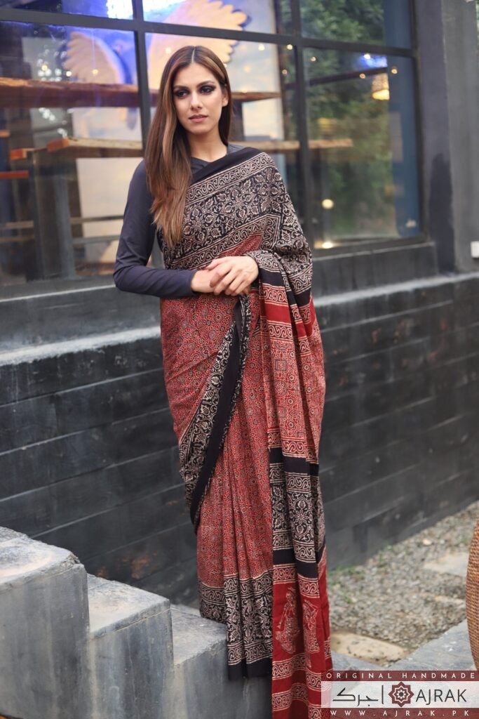 Red Ajrak Saree Hand-printed with Natural Dye
