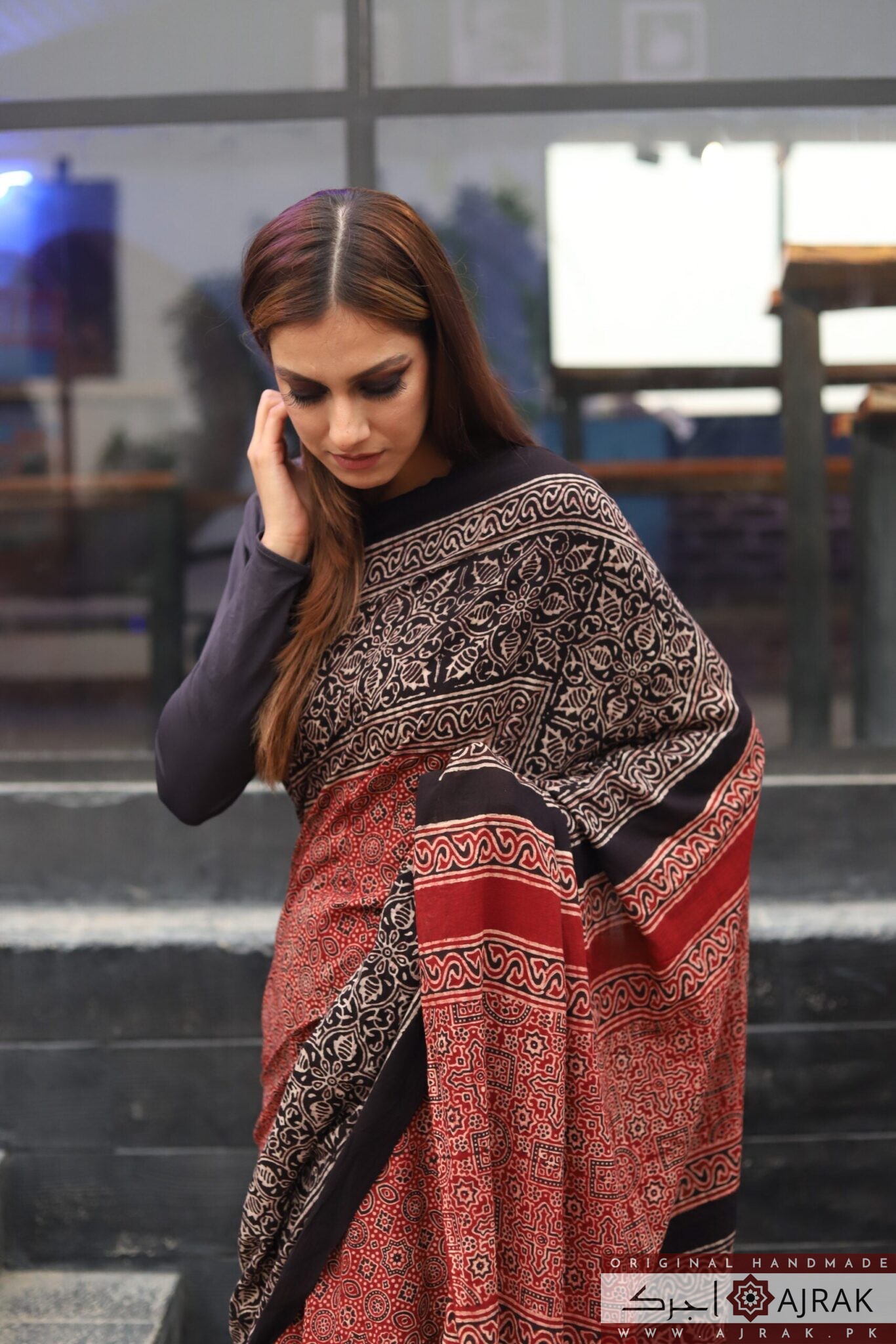 Red Ajrak Saree Hand-printed with Natural Dye