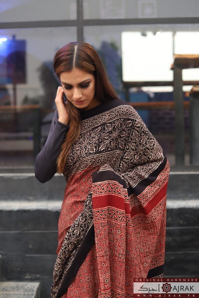 Red Ajrak Saree Hand-printed with Natural Dye