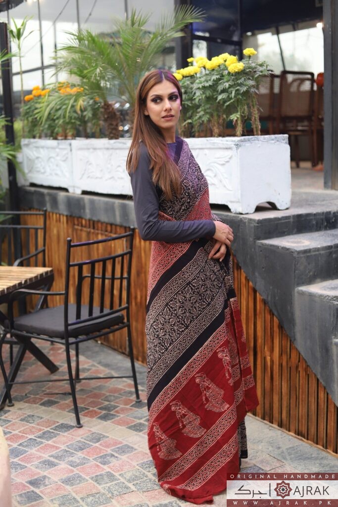 Red Ajrak Saree Hand-printed with Natural Dye