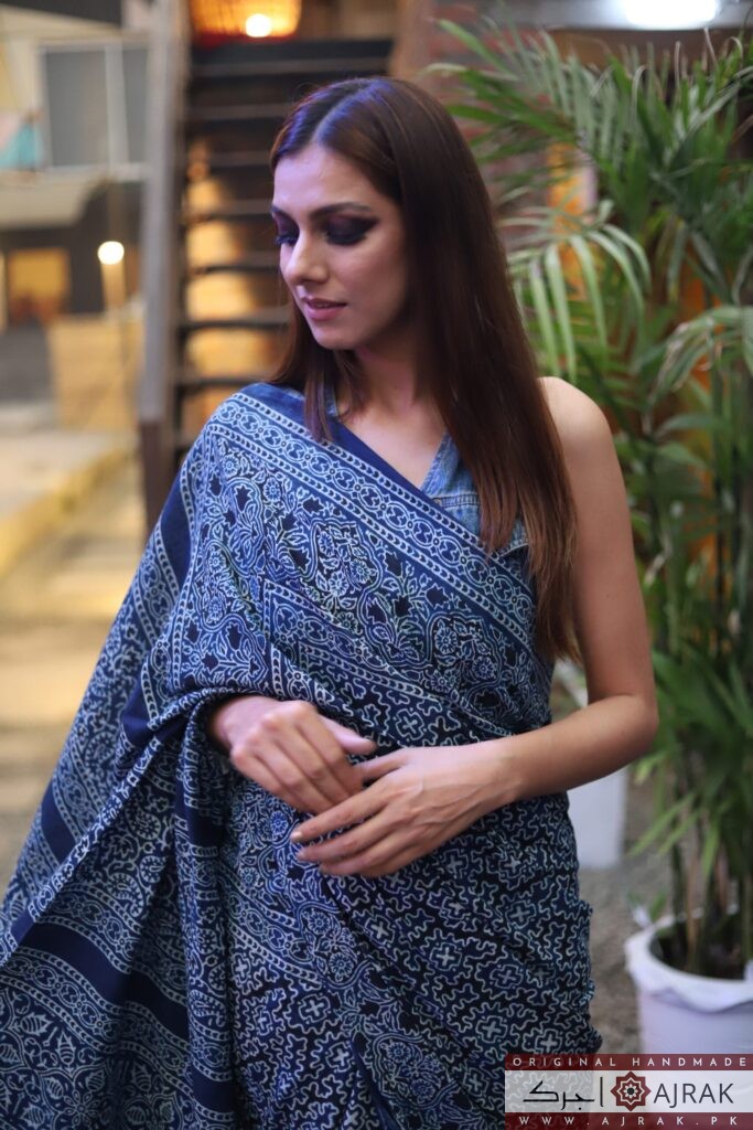Blue Ajrak Saree - Natural Dye - Kakkar Ajrak Design