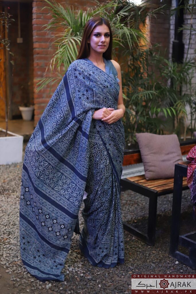 Blue Ajrak Saree - Natural Dye - Kakkar Ajrak Design