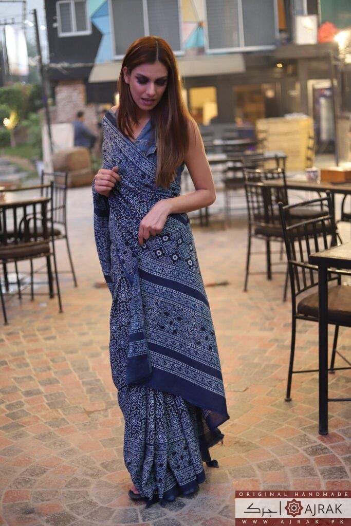 Blue Ajrak Saree - Natural Dye - Kakkar Ajrak Design