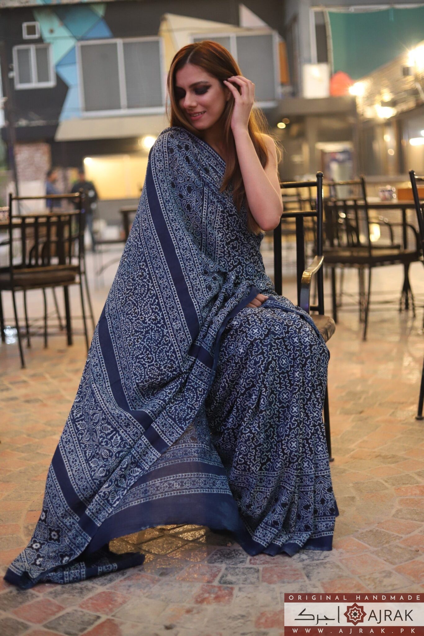Blue Ajrak Saree - Natural Dye - Kakkar Ajrak Design